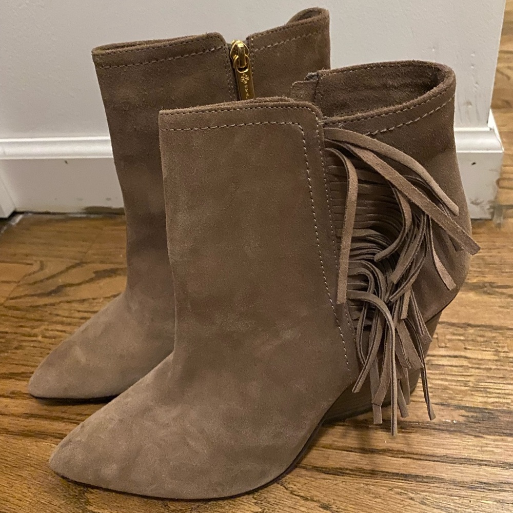 Isola Antonella Suede Fringe Wedge Heel Booties - Gem